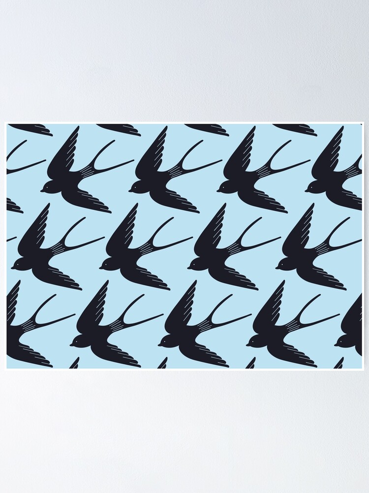 "Swooping swallow birds pattern in light blue and black" Poster by ...