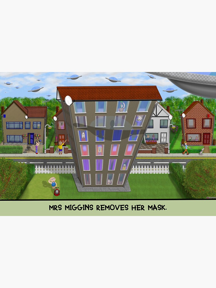 "Mrs Miggins Removes Her Mask" Sticker by Stroginus | Redbubble