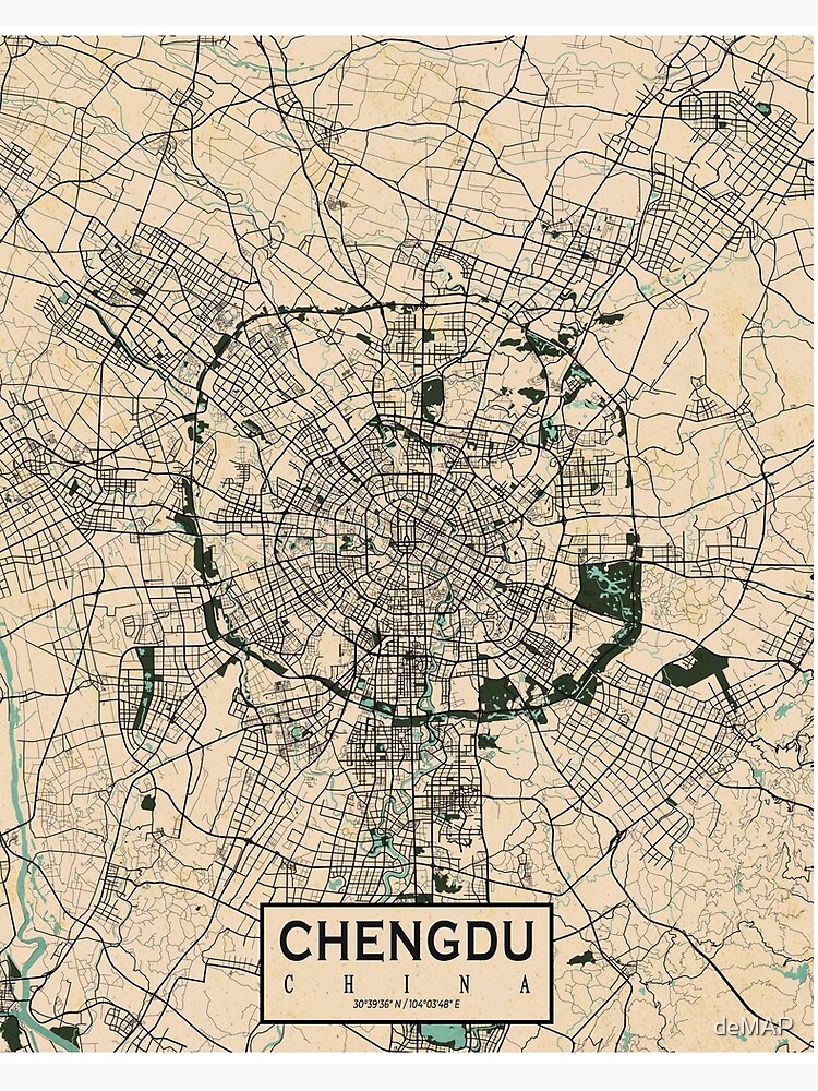 "Chengdu City Map of Sichuan, China - Vintage" Art Board Print for Sale ...