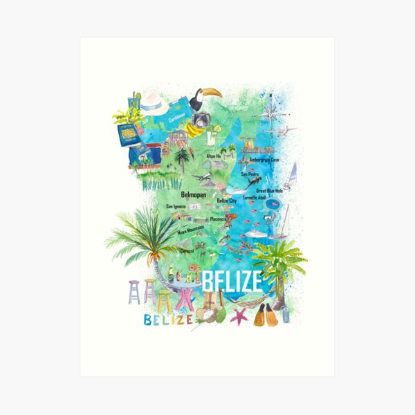 "Belize Caribbean Illustrated Travel Map with Roads and Tourist ...