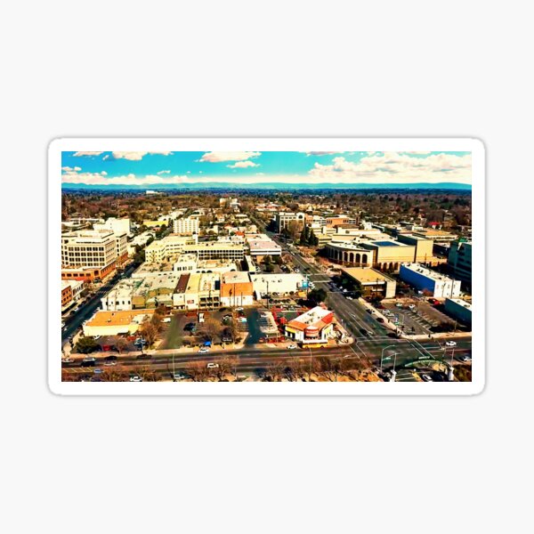 "Downtown Modesto, California - aerial" Sticker by NickoPrints | Redbubble