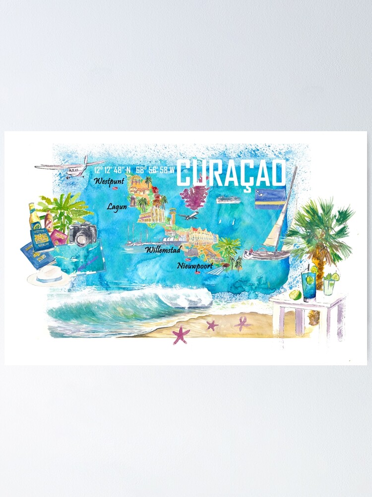 "Curacao Dutch Antilles Caribbean Island Illustrated Travel Map with ...
