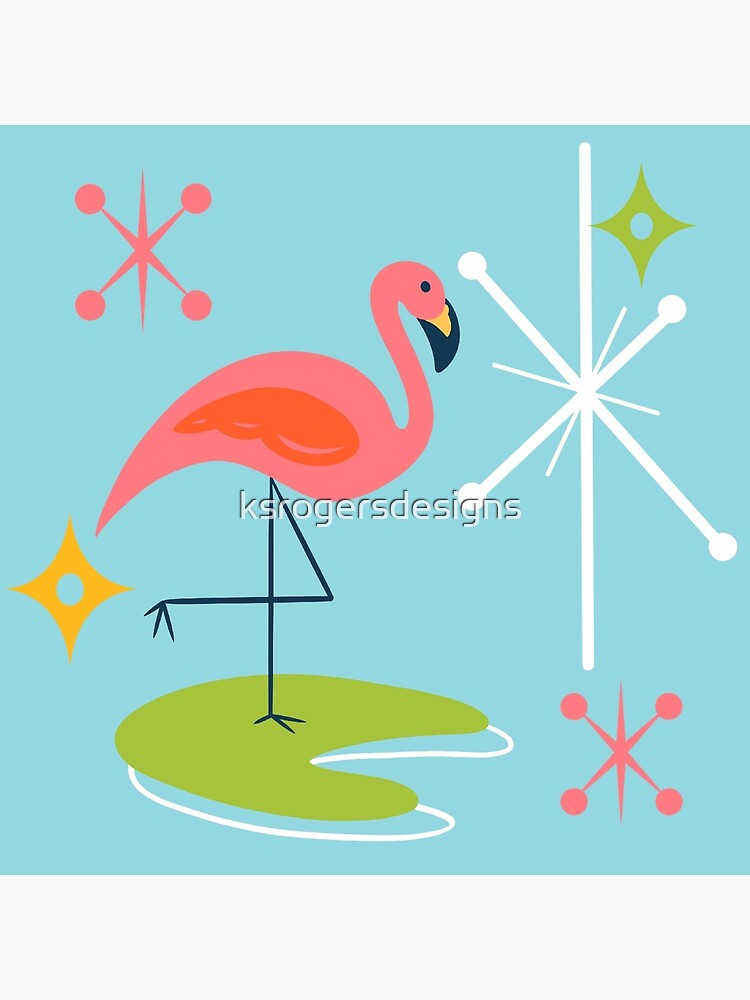 "Mid-Century Modern Pink Flamingo with Retro Icons Repeating Pattern ...