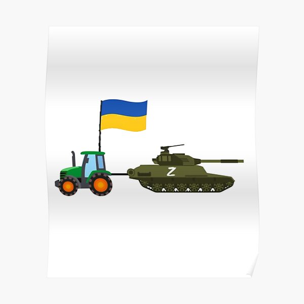 "Ukrainischer Traktor, der einen russischen Panzer zieht Ukraine-Flagge ...