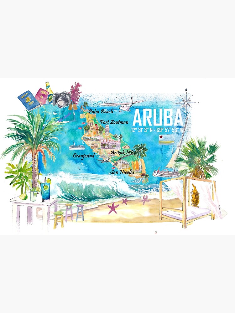 "Aruba Dutch Antilles Caribbean Island Illustrated Travel Map with ...