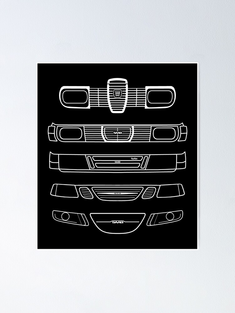 "Saab evolution classic cars 1960s-2010s white outline graphic" Poster ...