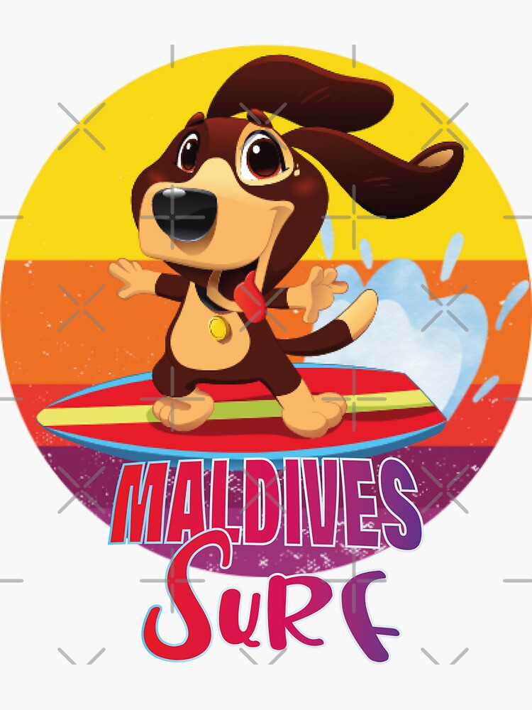 "Maldives Surf Dog - Maldives Surfboard Doggo" Sticker by OVERSHIFT ...