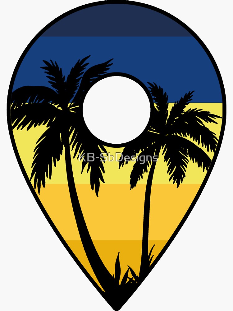 "Palm Trees Retro Sunset Blue Yellow Location Marker" Sticker by KB ...