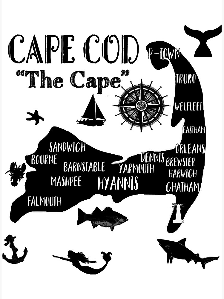"Map of Cape Cod Nautical Symbols Fish Mermaid Posters and Art Prints ...