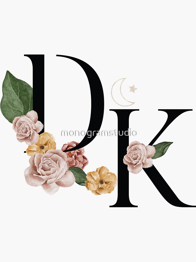 "DK - Monogram Letters D K - with pretty watercolour flowers" Sticker ...
