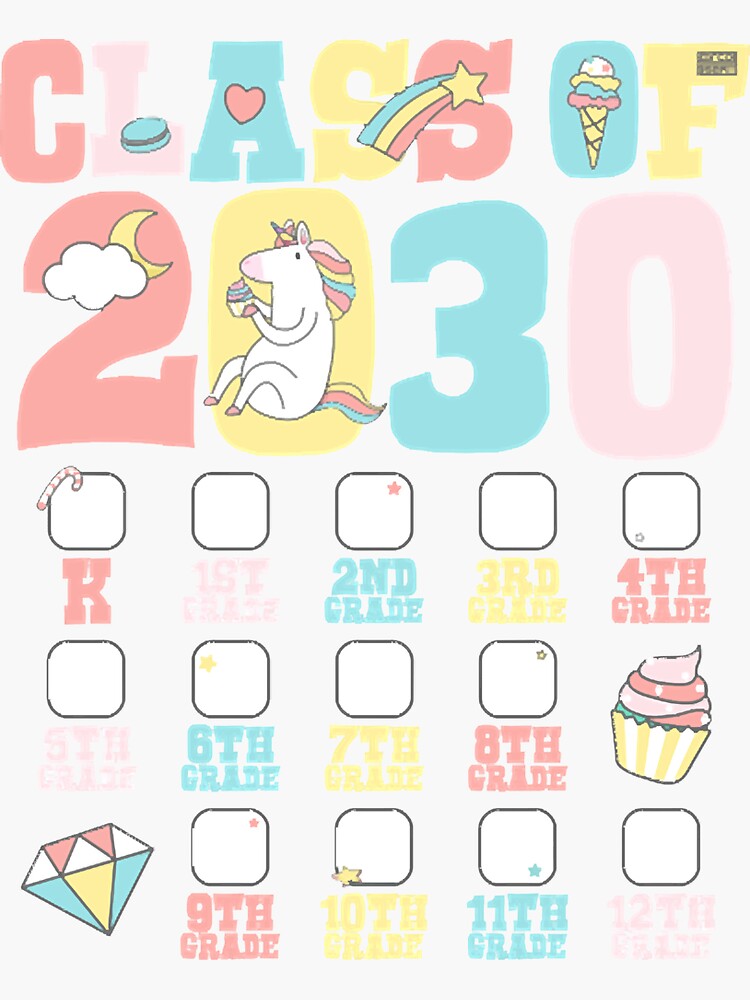 "Cute Unicorn Graduation Class of 2030 Grow with Me Checklist " Sticker ...