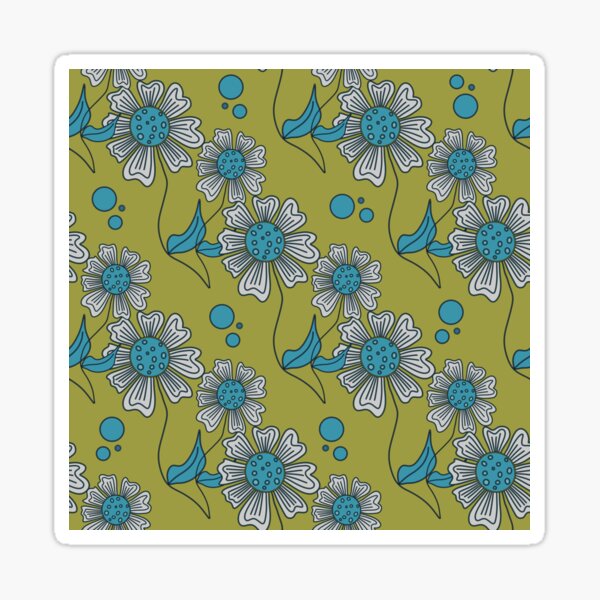 "Whimsical retro blue daisy floral pattern on green background" Sticker ...