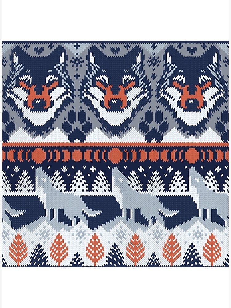 "Fair isle knitting grey wolf pattern navy blue and grey wolves orange ...