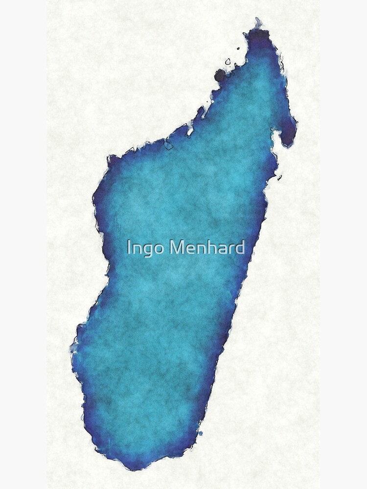 "Madagascar map with drawn lines and blue watercolor illustration ...