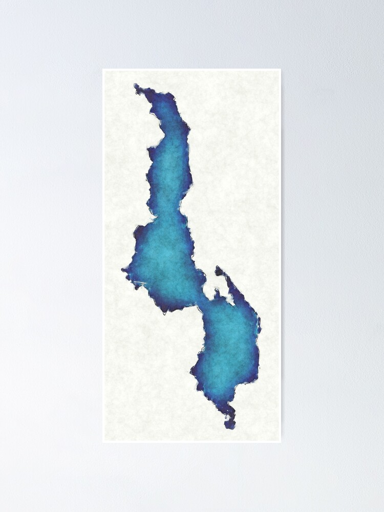 "Malawi map with drawn lines and blue watercolor illustration" Poster ...