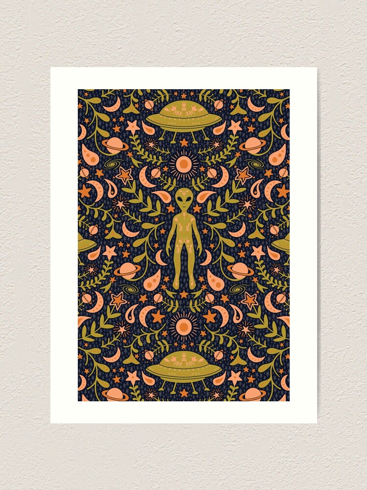"Folk Art Alien in Olive Green & Peach" Art Print for Sale by ...