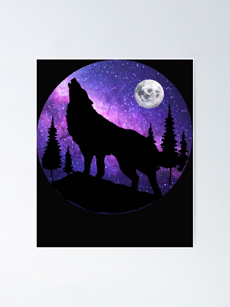 "Howling Wolf Under The Full Moon With Purple Galaxy Sky" Poster for ...