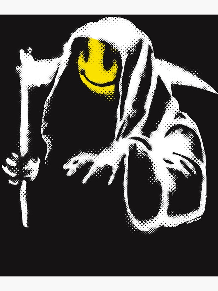 "Banksy graffiti Grim reaper with smiley face yellow and black ...