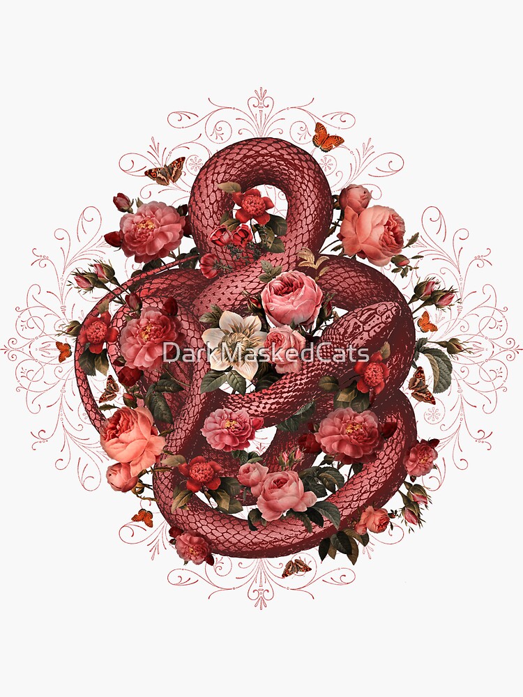 "Pink Snakes and Roses" Sticker by DarkMaskedCats | Redbubble