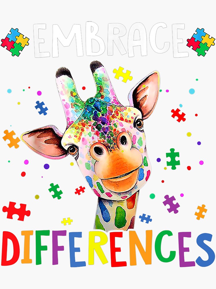 "Puzzle Piece Autism Giraffe Embrace Differences" Sticker by ...