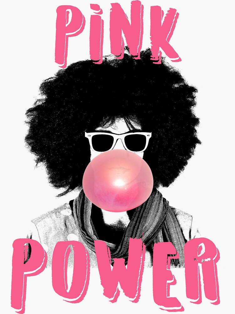 Pegatina «Poder rosa. Hermosa chica con peinado rizado y anteojos infla ...