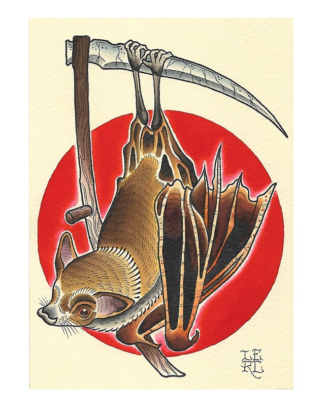"Bat Scythe Watercolor Tattoo Art" by MrLerc | Redbubble