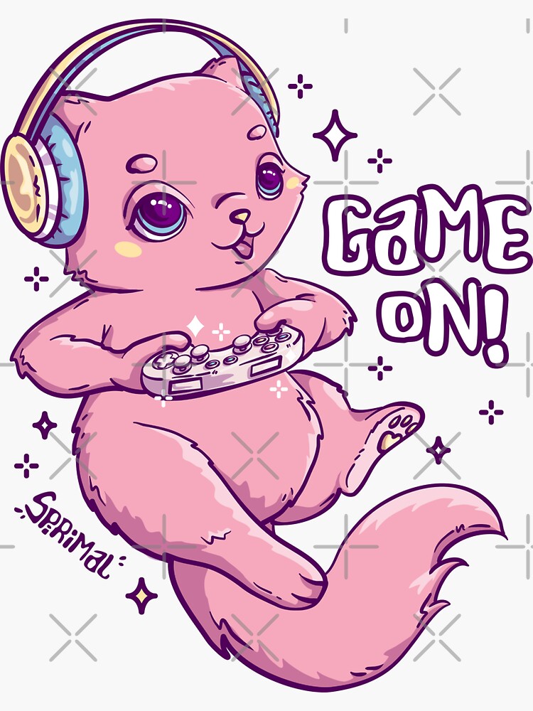 "Cute pink gamer Cat playing with joystick" Sticker by SPIRIMAL | Redbubble