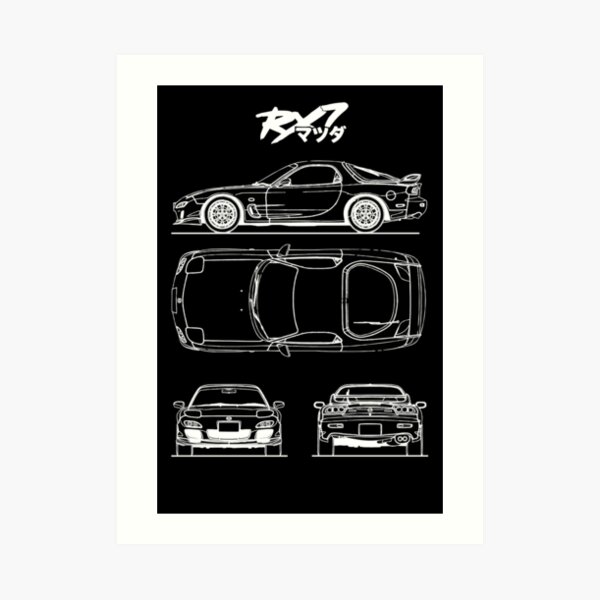 "RX-7 Blueprint. Mazda RX-7 Line Art - Black" Art Print for Sale by ...