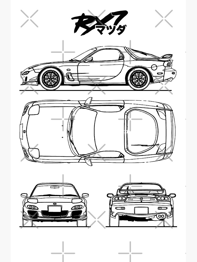 "RX-7 Blueprint. Mazda RX-7 Line Art - White" Poster for Sale by ...
