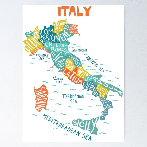 "Italy decorative hand drawn map with regions." Poster for Sale by ...