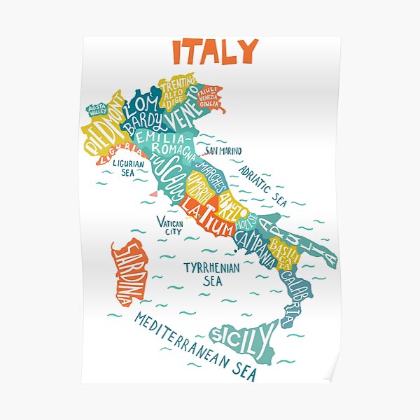 "Italy decorative hand drawn map with regions." Poster for Sale by ...