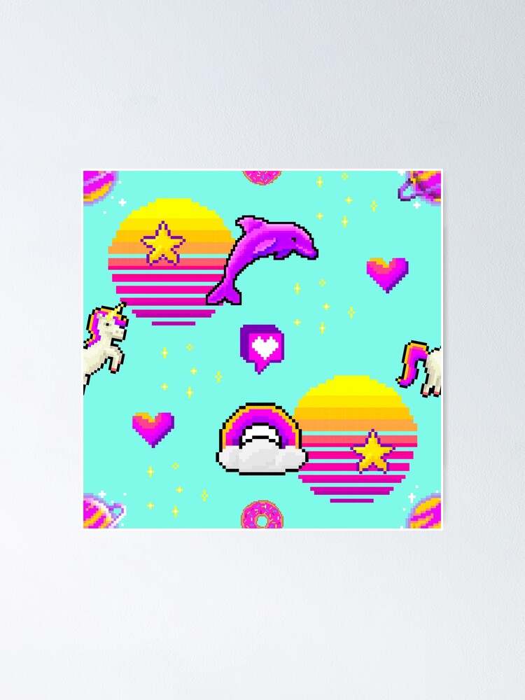 "Cute Pink & Blue Themed Pixel Art Magical Seamless Pattern " Poster ...