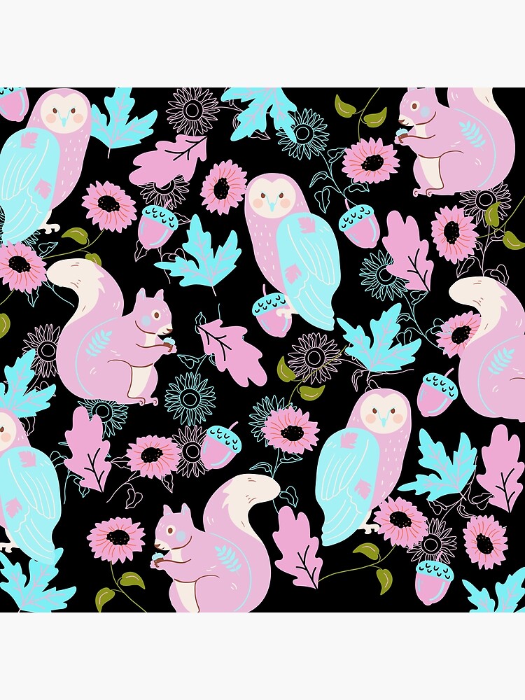 "Owls and squirrels with sunflowers and leaves (black-blue-pink ...
