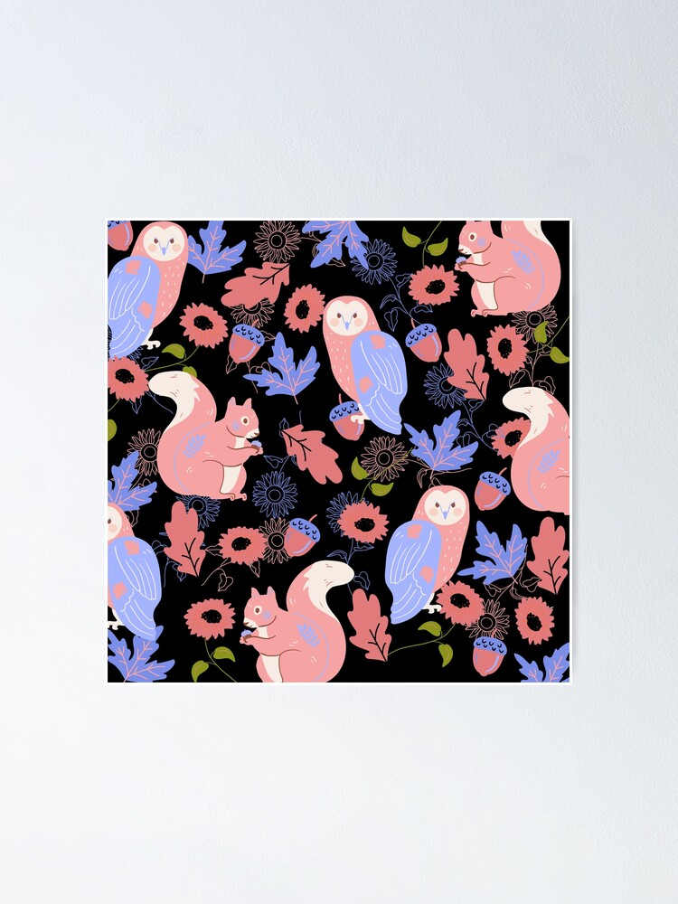 "Owls and squirrels with sunflowers and leaves (black-blue-red)" Poster ...