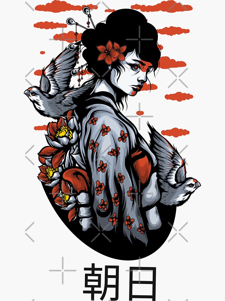 "Geisha Rising Sun 朝日 Japanese art" Sticker by Nourddin | Redbubble