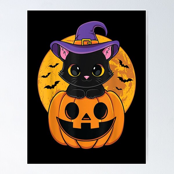 "Halloween Black Cat Witch Hat Pumpkin For Kids Girls" Poster for Sale ...