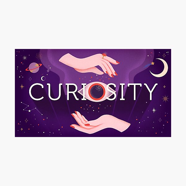 "The word Curiosity cupped between two hands, surrounded by planets and ...