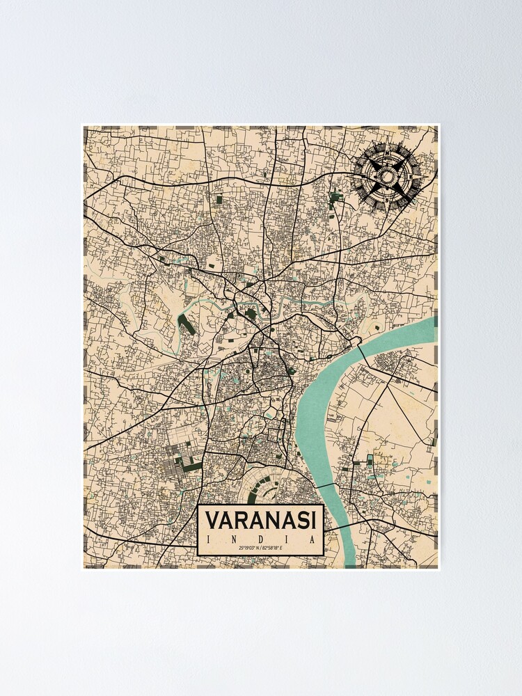 "Varanasi City Map of Uttar Pradesh, India - Vintage" Poster for Sale ...