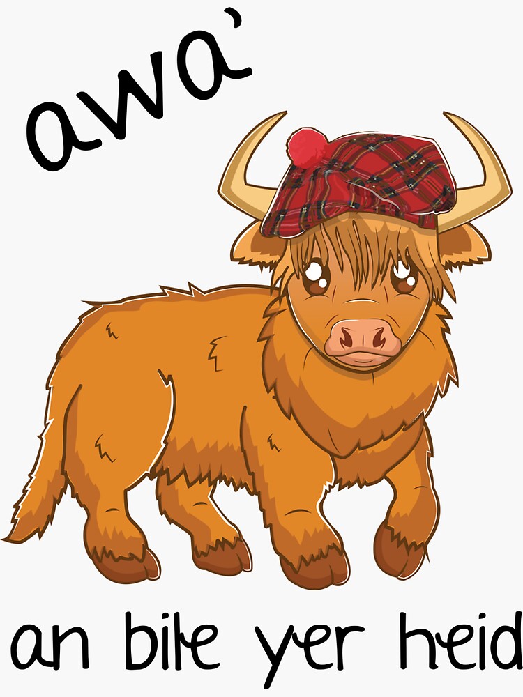 "Rude Scottish Highland Cow Bile Yer Heid" Sticker by iPOPit | Redbubble