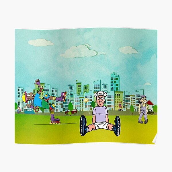 "Rolling with Difficulty - Funny Cartoon of Roller Skating" Poster for ...