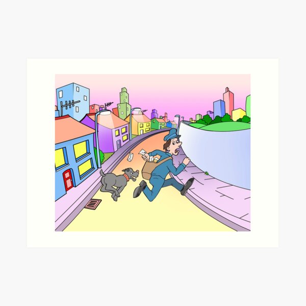 "Postman Work Challenge - Funny Cartoon of Man Chased by Dog" Art Print ...