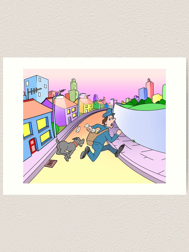 "Postman Work Challenge - Funny Cartoon of Man Chased by Dog" Art Print ...