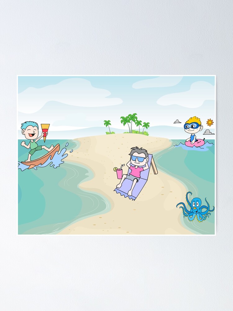 "Strandspaß - Lustiger Cartoon von Jungen, die Wasseraktivitäten am ...