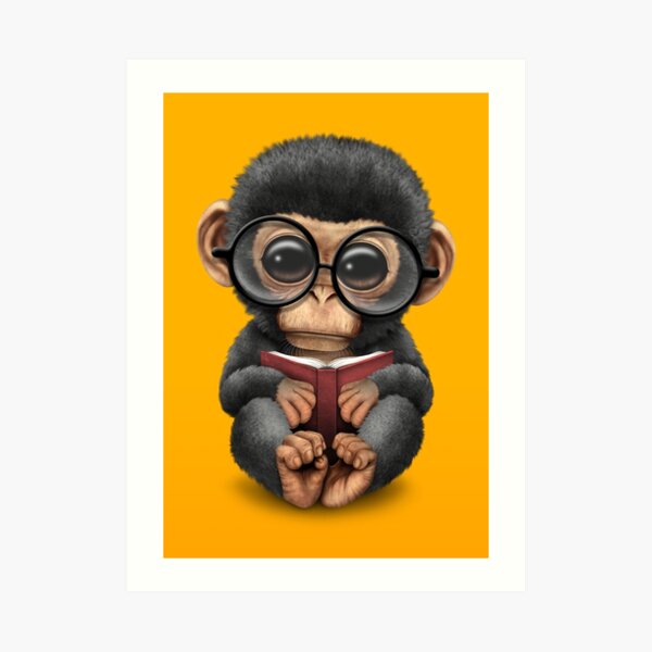 "Cute Baby Chimpanzee Reading a Book on Yellow" Art Print for Sale by ...