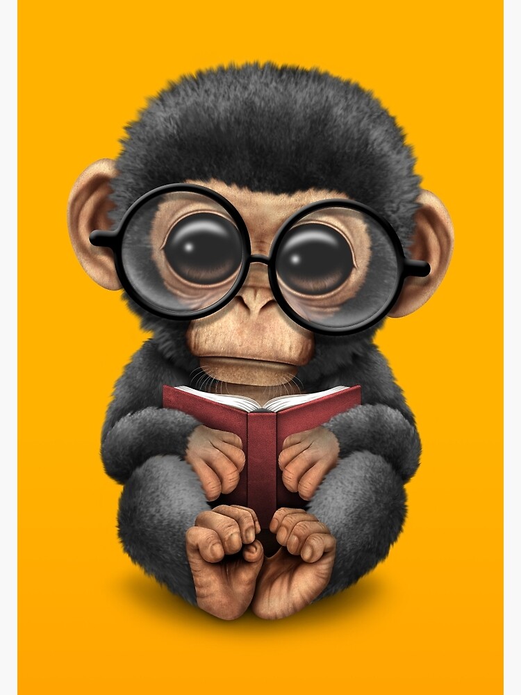 "Cute Baby Chimpanzee Reading a Book on Yellow" Art Print for Sale by ...