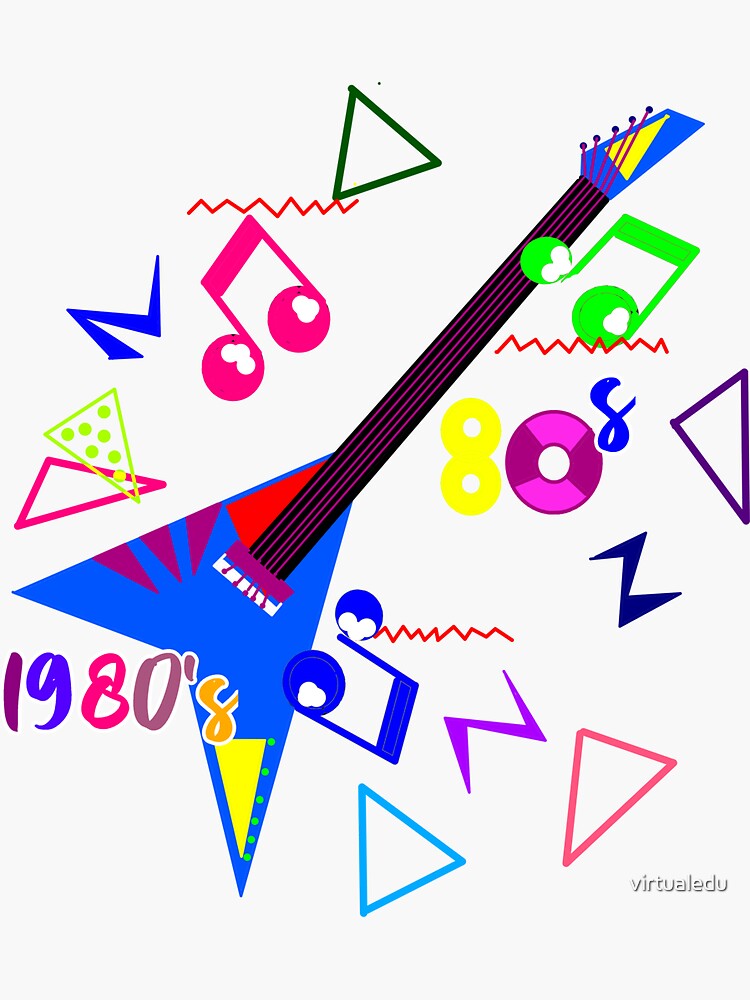 "1980's Retro guitar and notes with colourful music designs" Sticker by ...