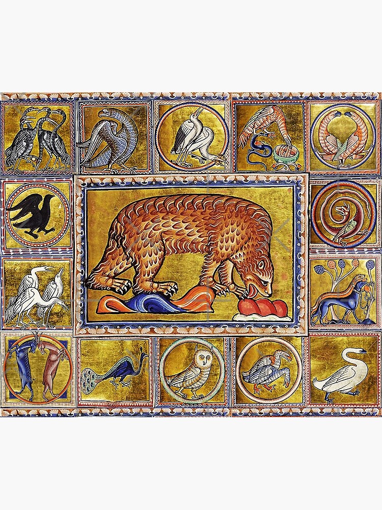 "MEDIEVAL BESTIARY,BEAR, MYTHICAL ANIMALS IN GOLD RED BLUE COLORS ...