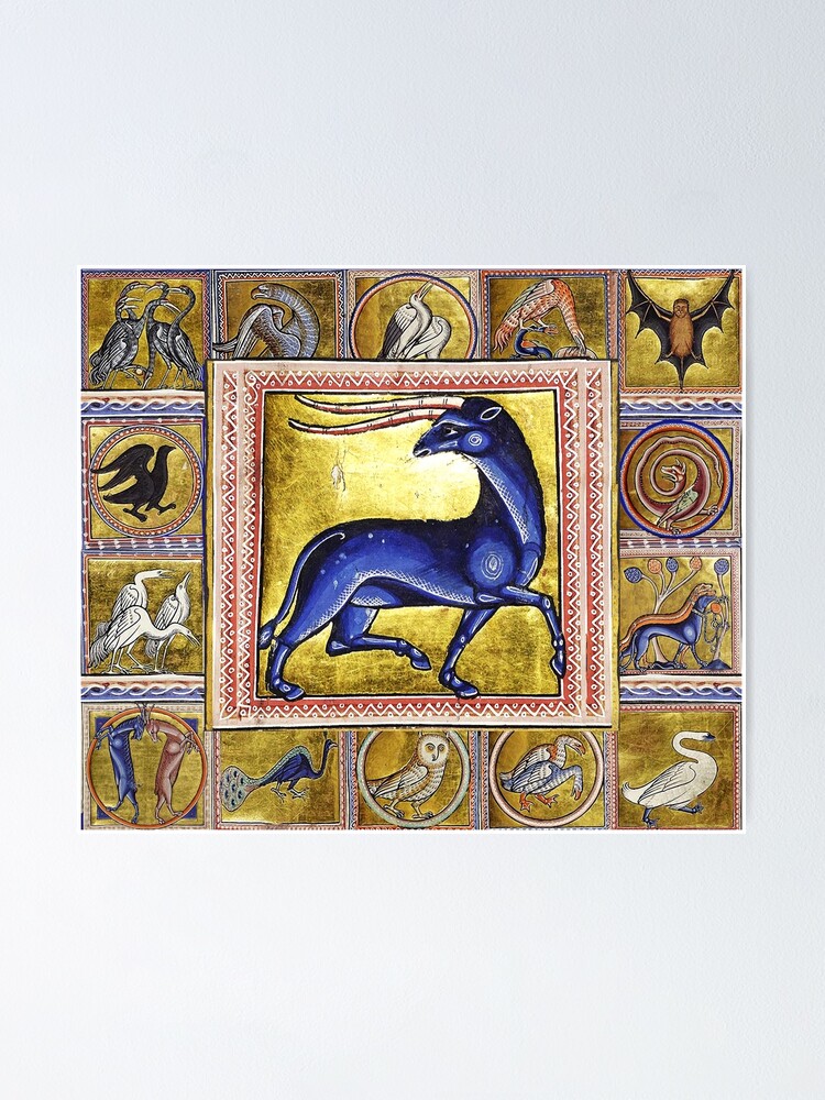 "MEDIEVAL BESTIARY YALE, FANTASTIC ANIMALS IN GOLD RED BLUE COLORS ...