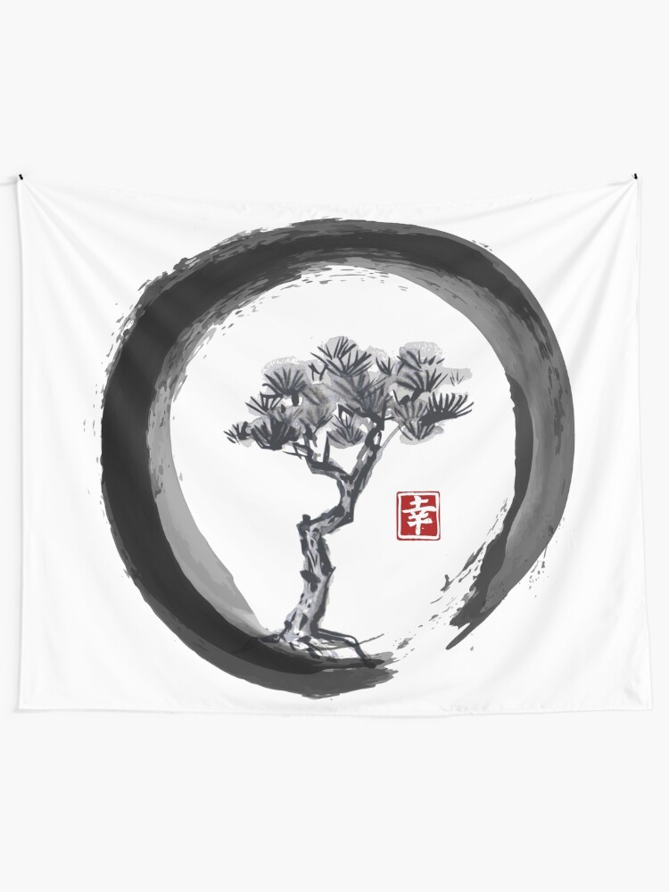 "Japanese Pine Tree in Enso Zen Circle - Vintage Japanese Ink" Tapestry ...