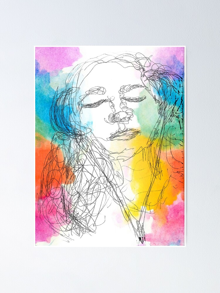 "Music Lover/Continuous Line Contour Drawing With Watercolor " Poster ...